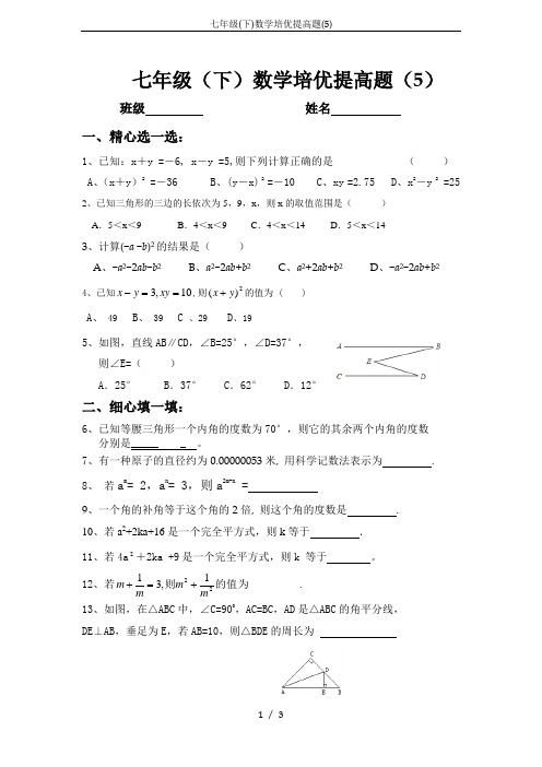 人教版七年级数学下册提高培优题5 无答案 文档之家